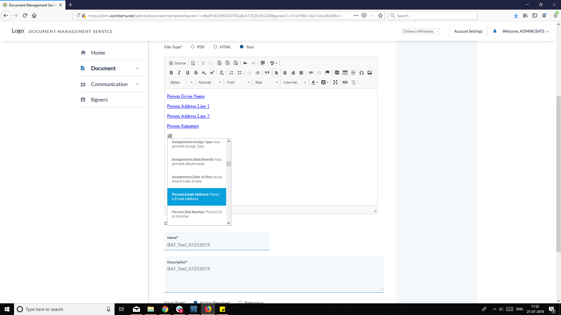 [DMS-1685] DMS | Admin | Create Template | Text | @ Search box or text search should be ...